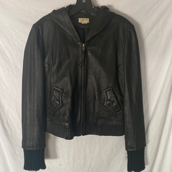 June | Jackets & Coats | June 0 Black Leather Bomber Jacket With Hood ...